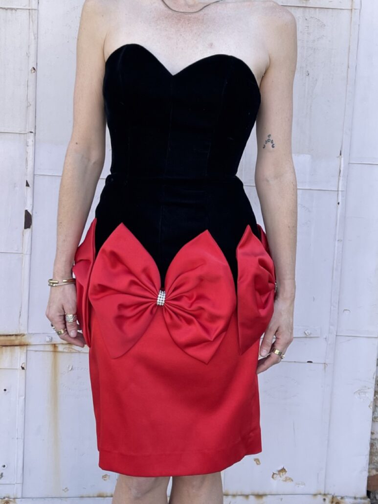 Vintage 80s Huey Waltzer Black Velvet Red Bow Party Dress S M →