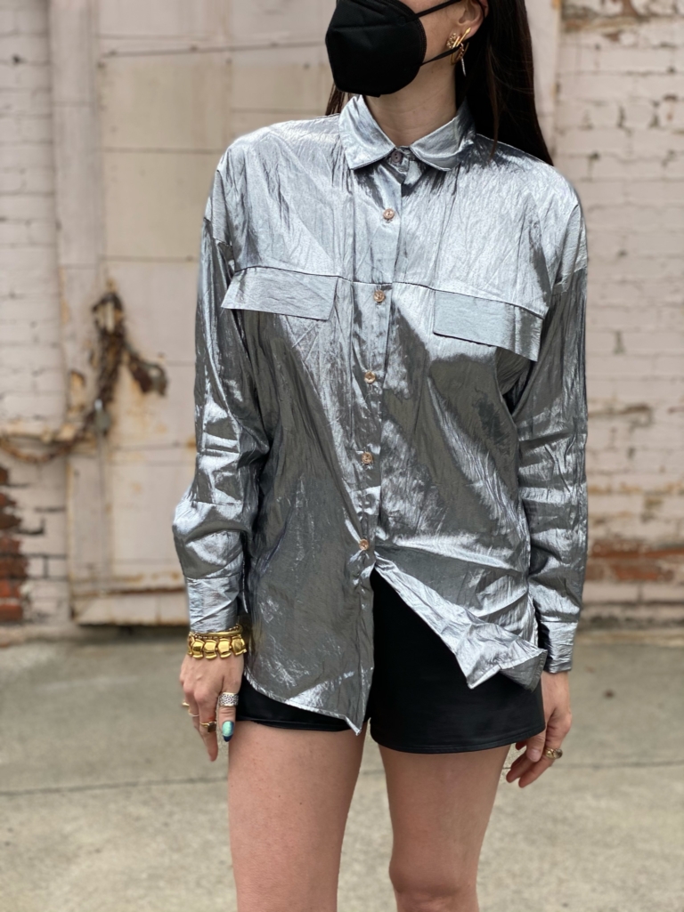 Vintage Metallic Silver Button Down Shirt- Medium → Hotbox Vintage